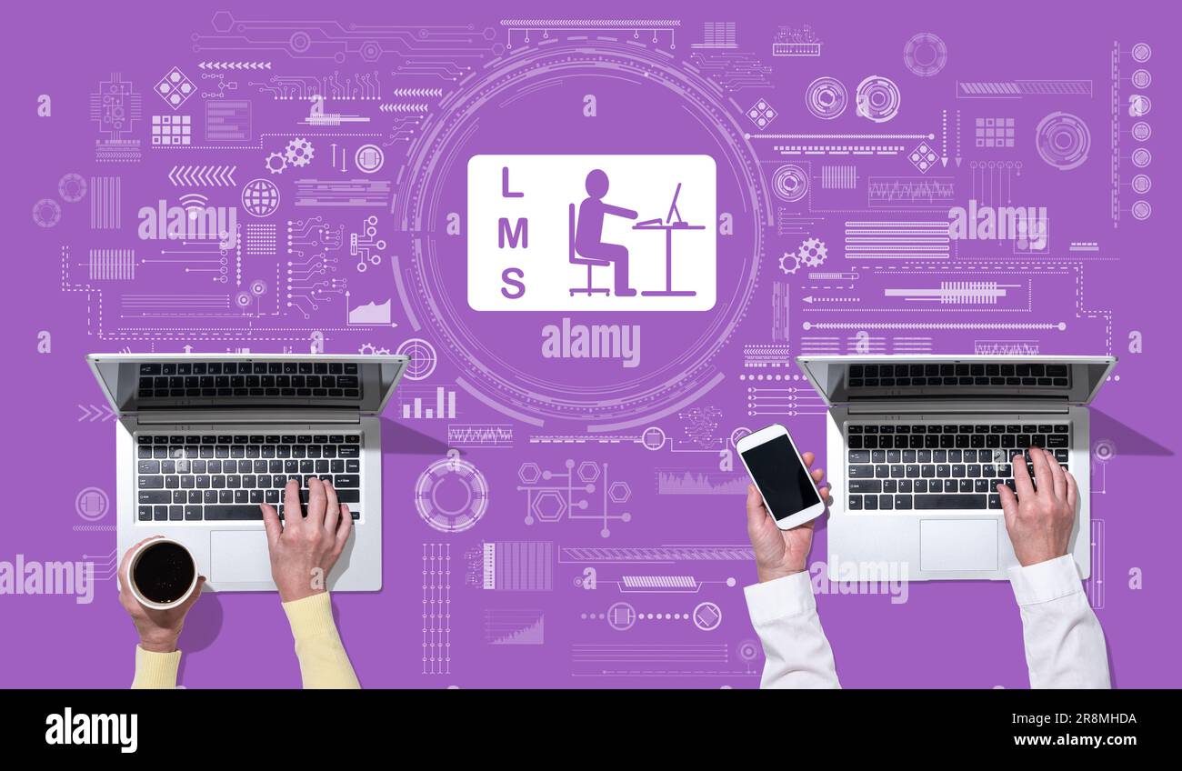Top view of hands using laptop with symbol of lms concept Stock Photo ...