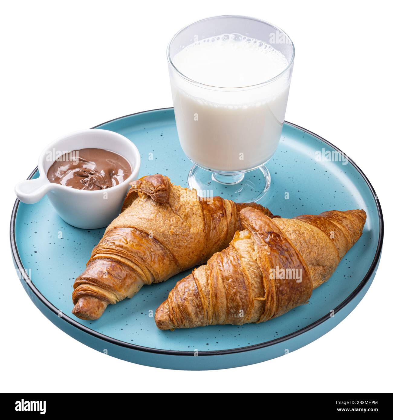 Croissant with chocolate spread and milk, restaurant sweet breakfast ...