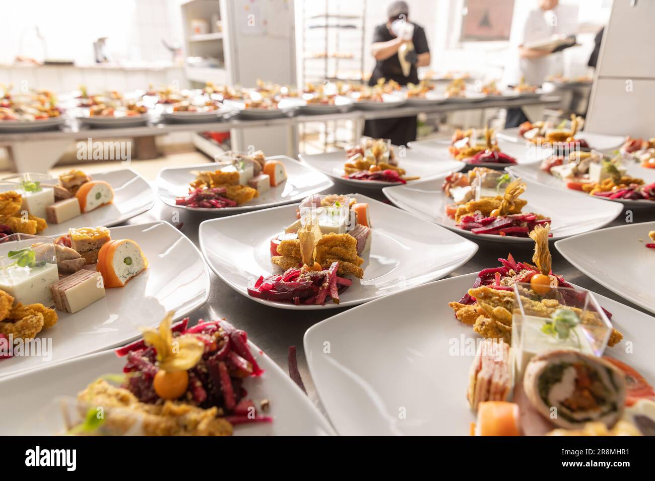 Appetizer plates in restaurant kitchen waiting for served Stock Photo ...
