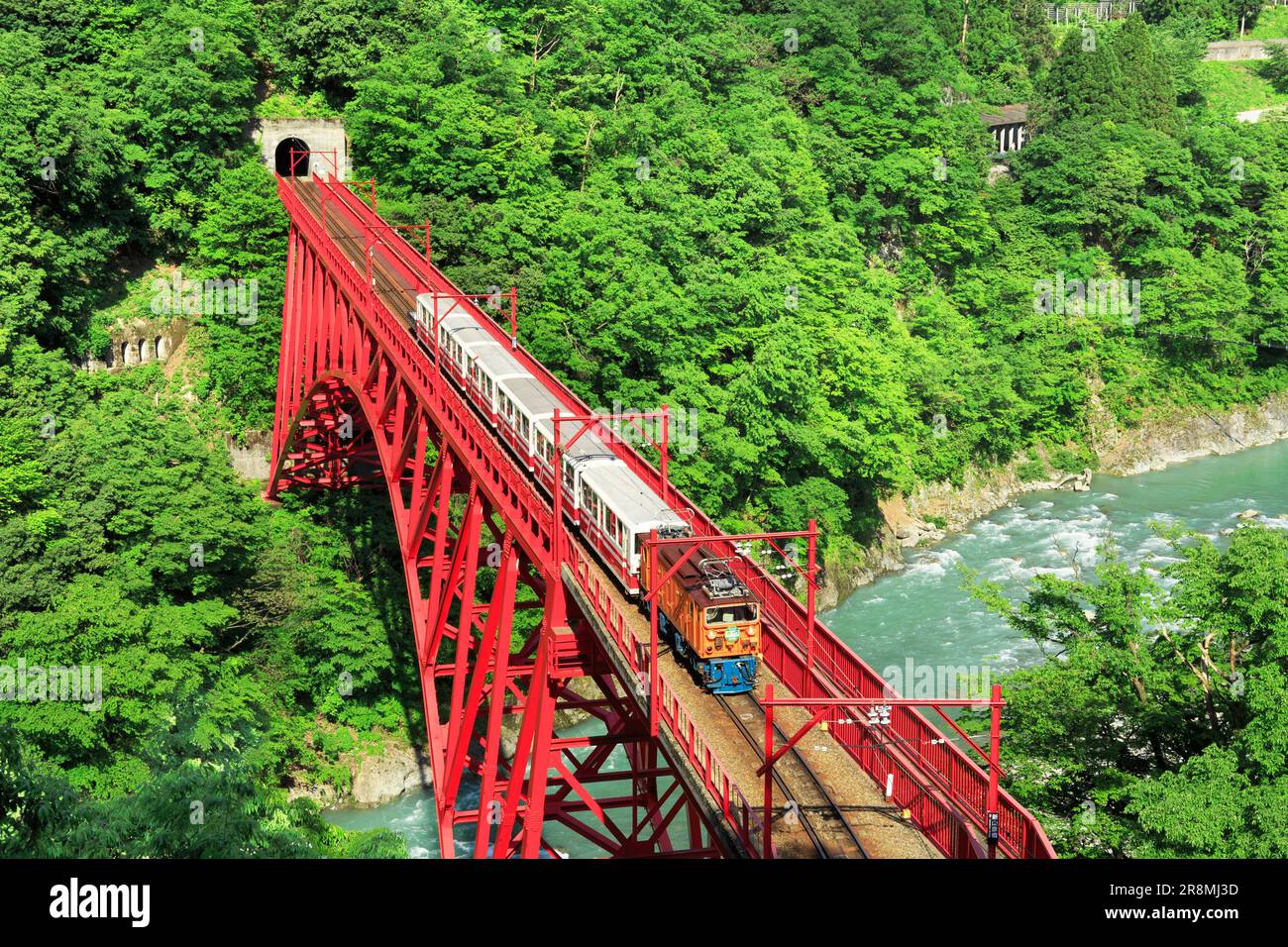 Kurobe Gorge Railway and Shin-Yamahiko Bridge in fresh green Stock ...