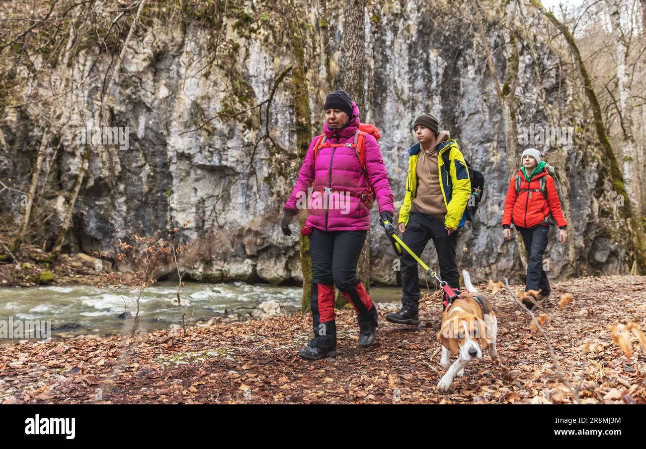 Mother with her sons and a dog are walking along the stream Stock Photo ...
