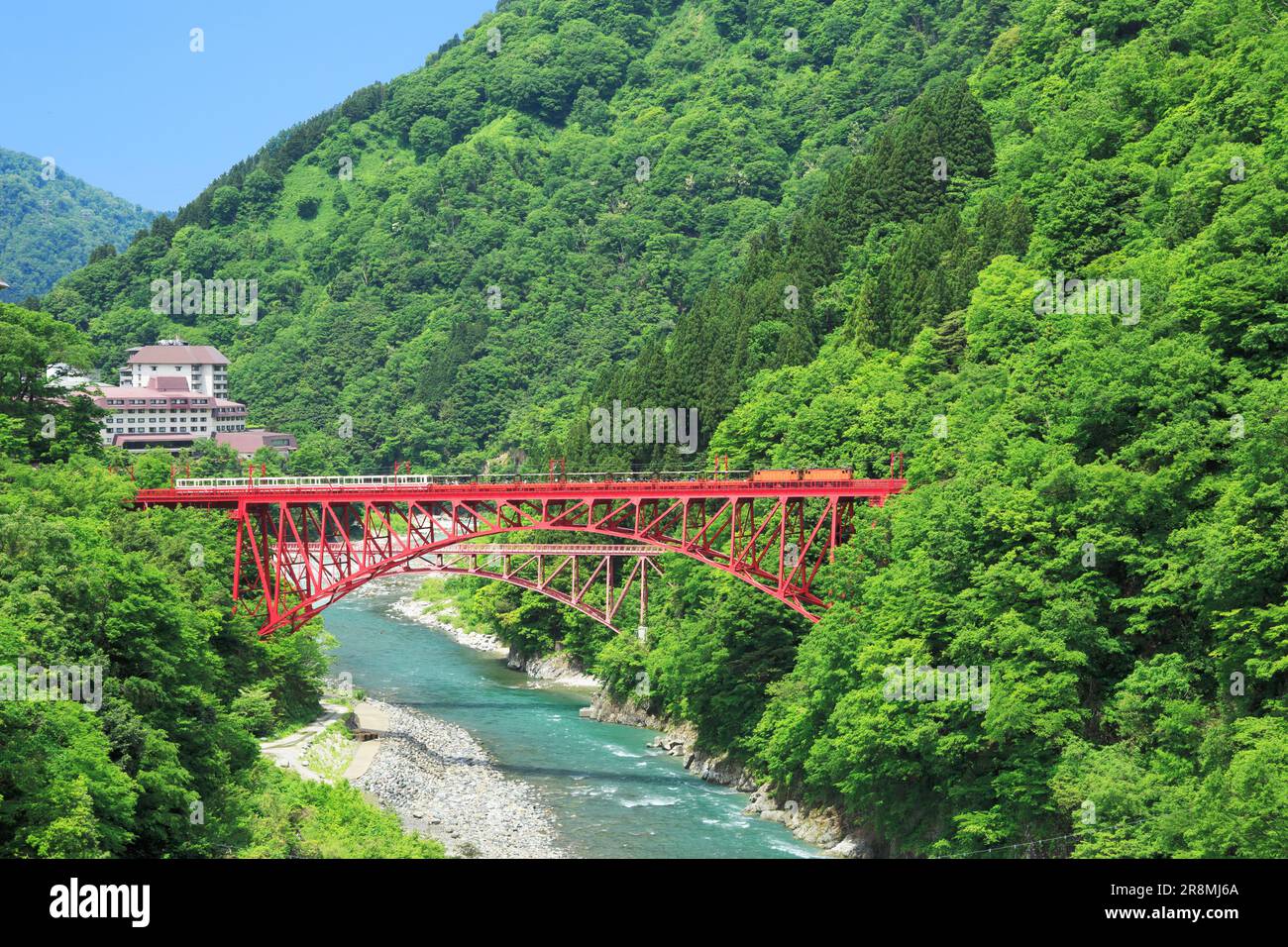 Kurobe Gorge Railway and Shin-Yamahiko Bridge in fresh green Stock ...