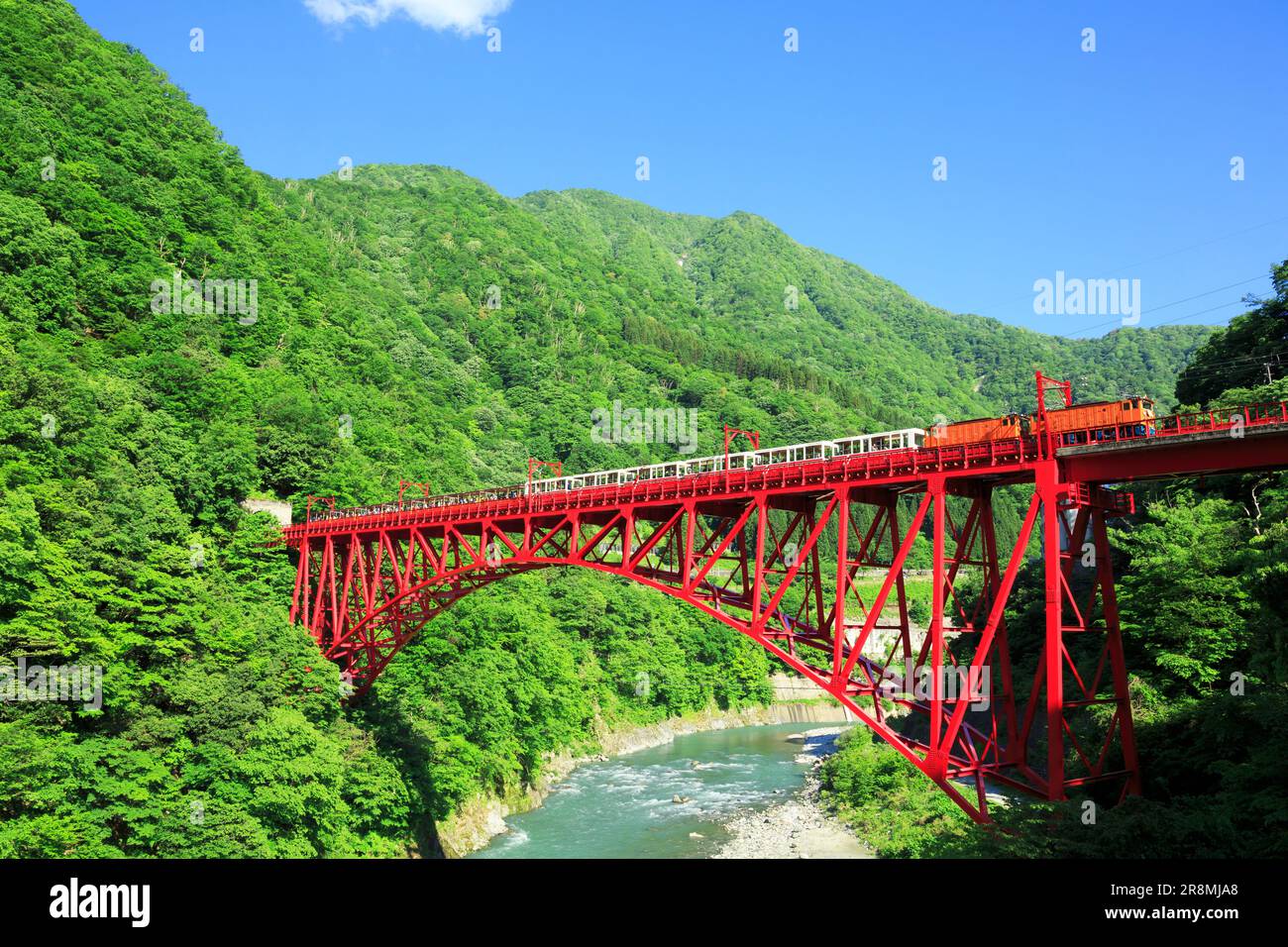 Kurobe Gorge Railway and Shin-Yamahiko Bridge in fresh green Stock ...