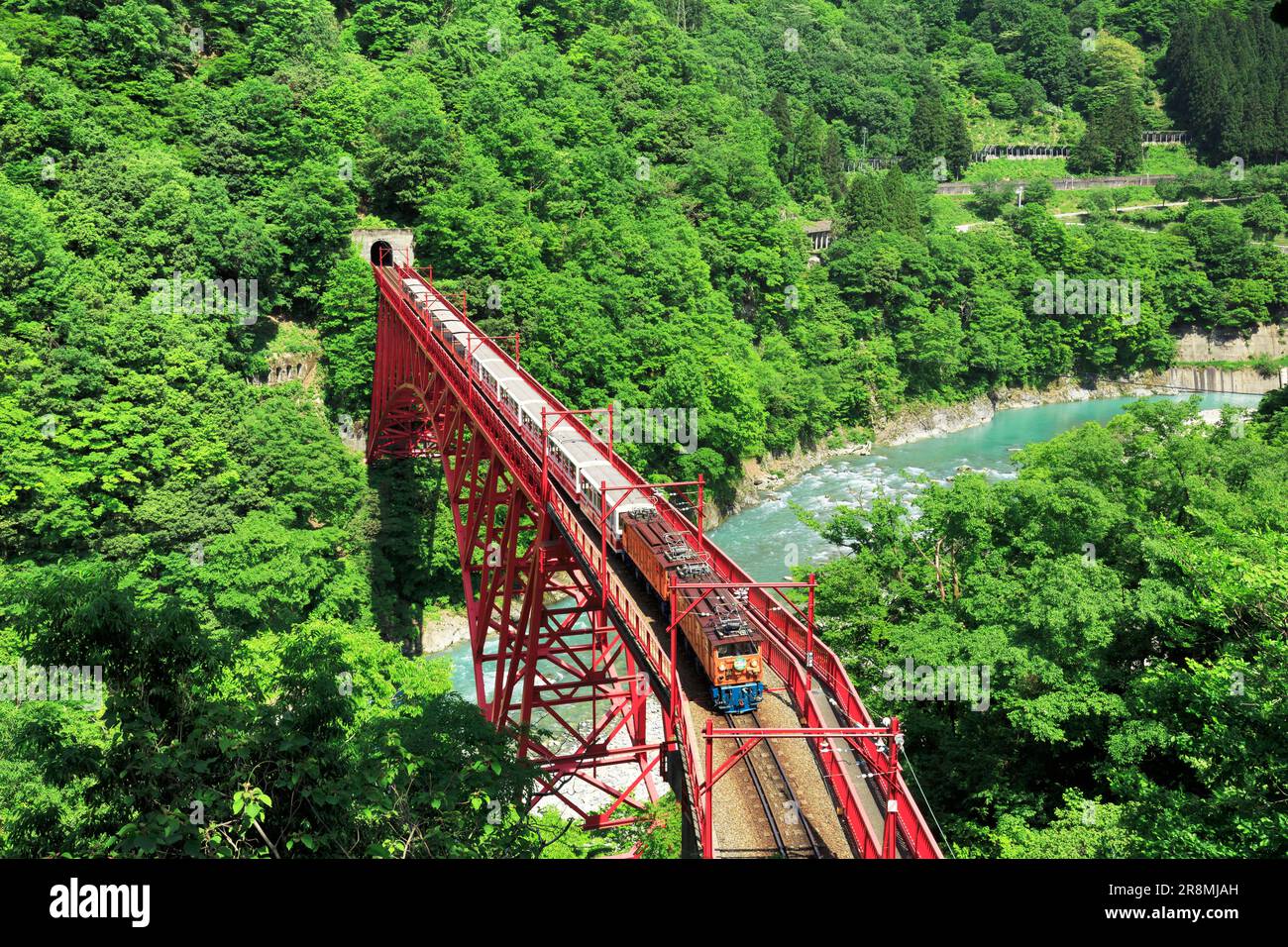 Kurobe Gorge Railway and Shin-Yamahiko Bridge in fresh green Stock ...