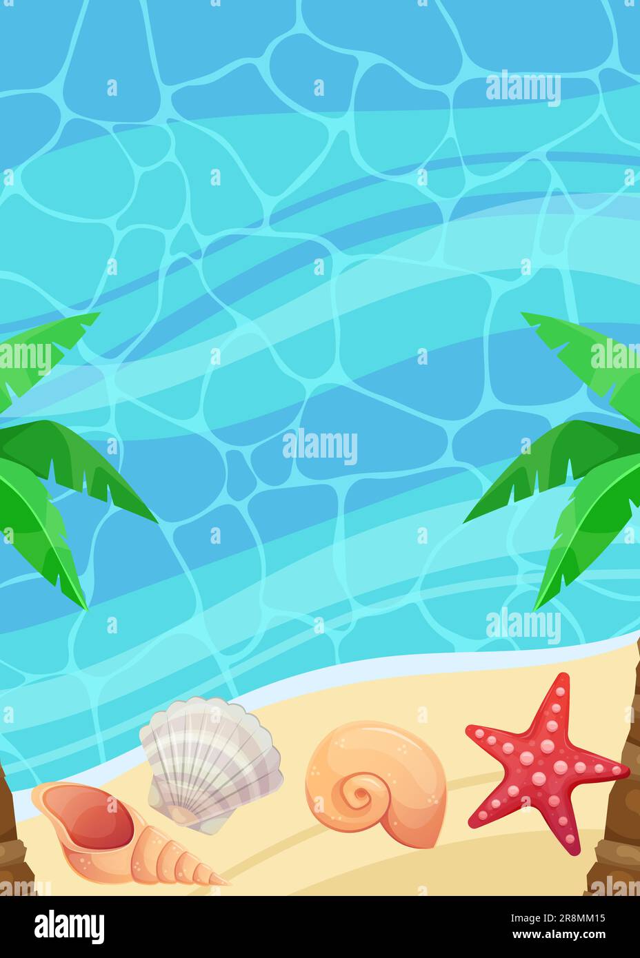 Summer background with sea, sand, palm, shell, starfish. Vertical summer template in cartoon ...