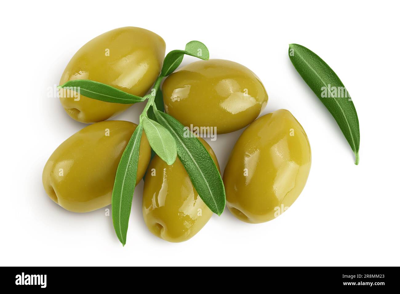Green olives with leaves isolated on a white background with full depth ...