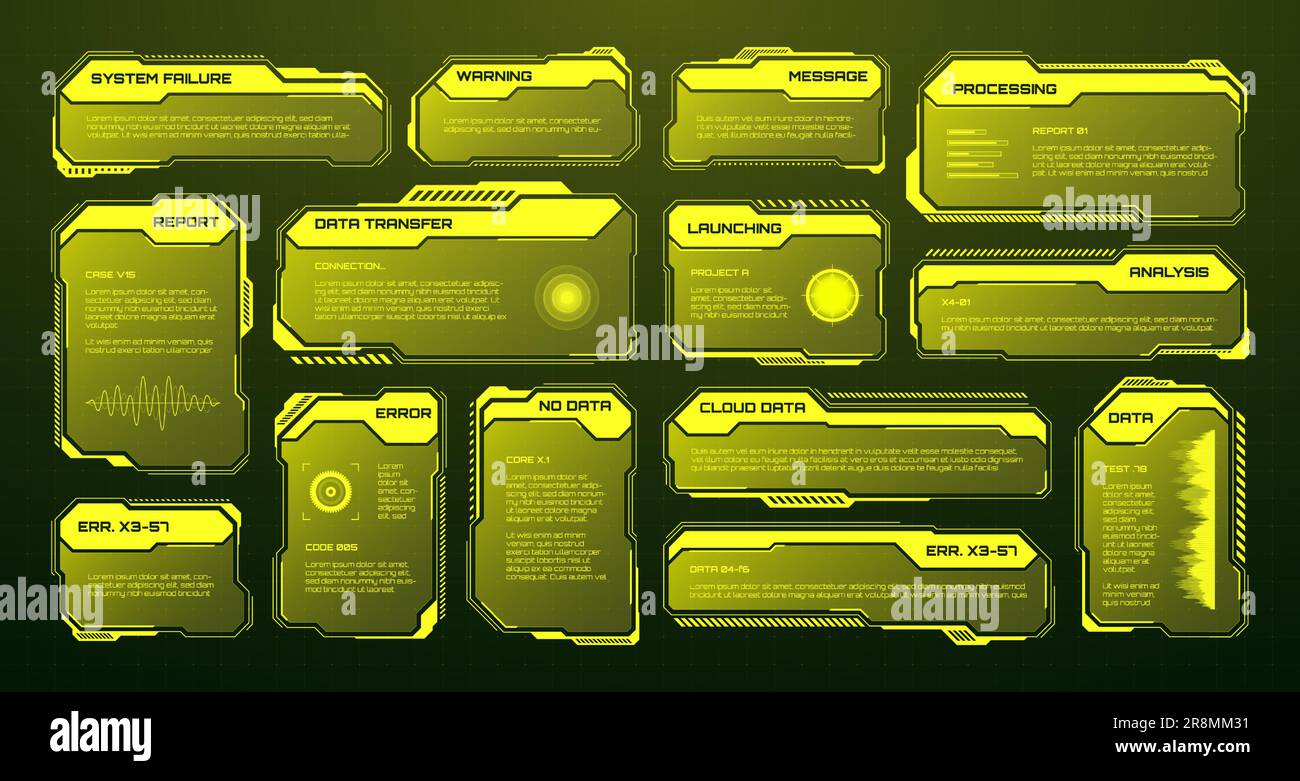 Yellow futuristic HUD, UI elements. Sci-fi user interface text boxes ...
