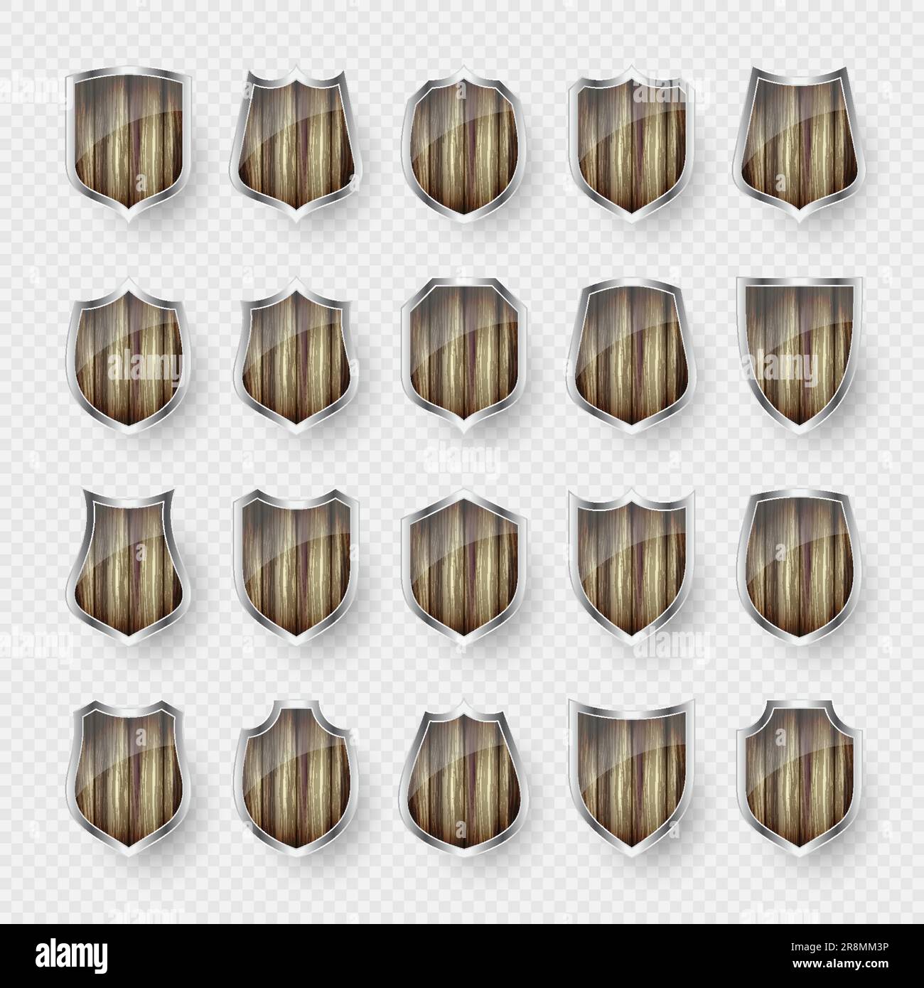 Set of wooden vintage shield icons. Black heraldic shields. Protection ...