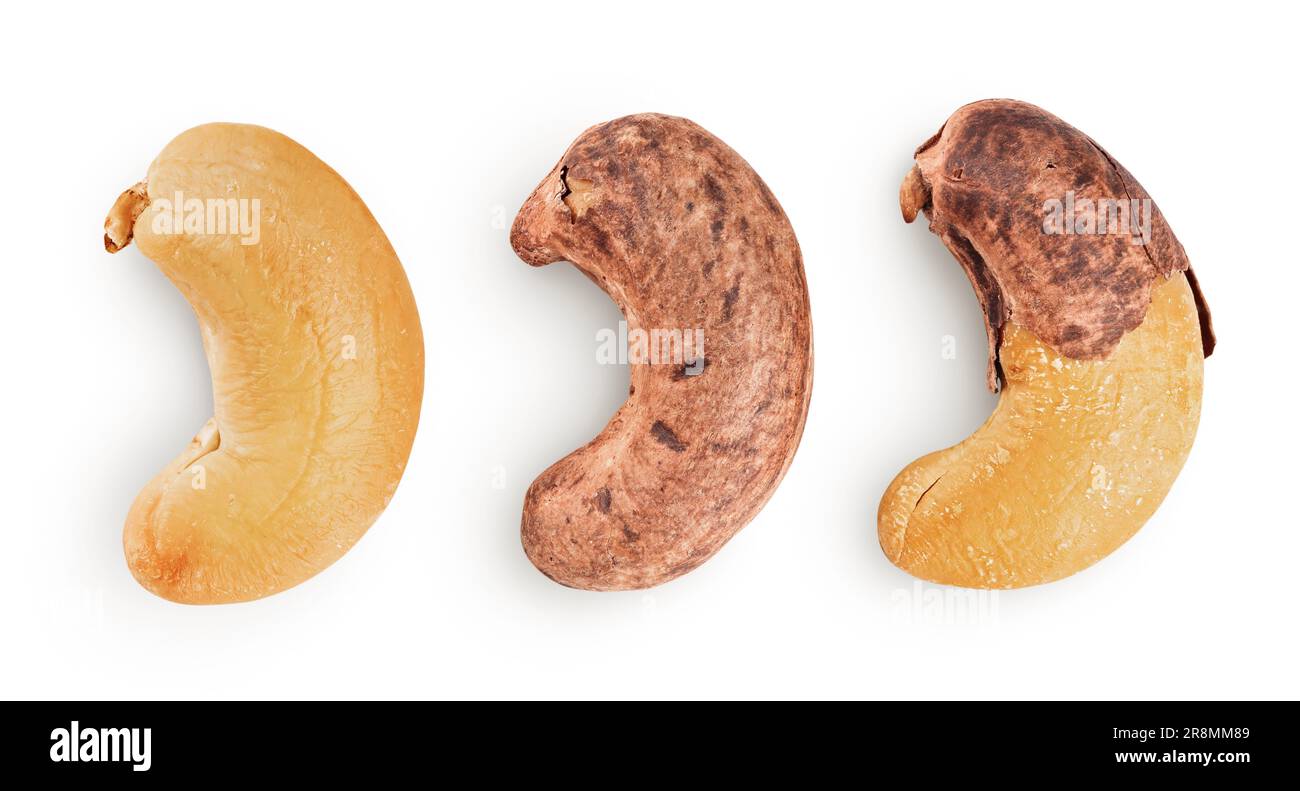cashew nuts heap with shell isolated on white background. Top view ...