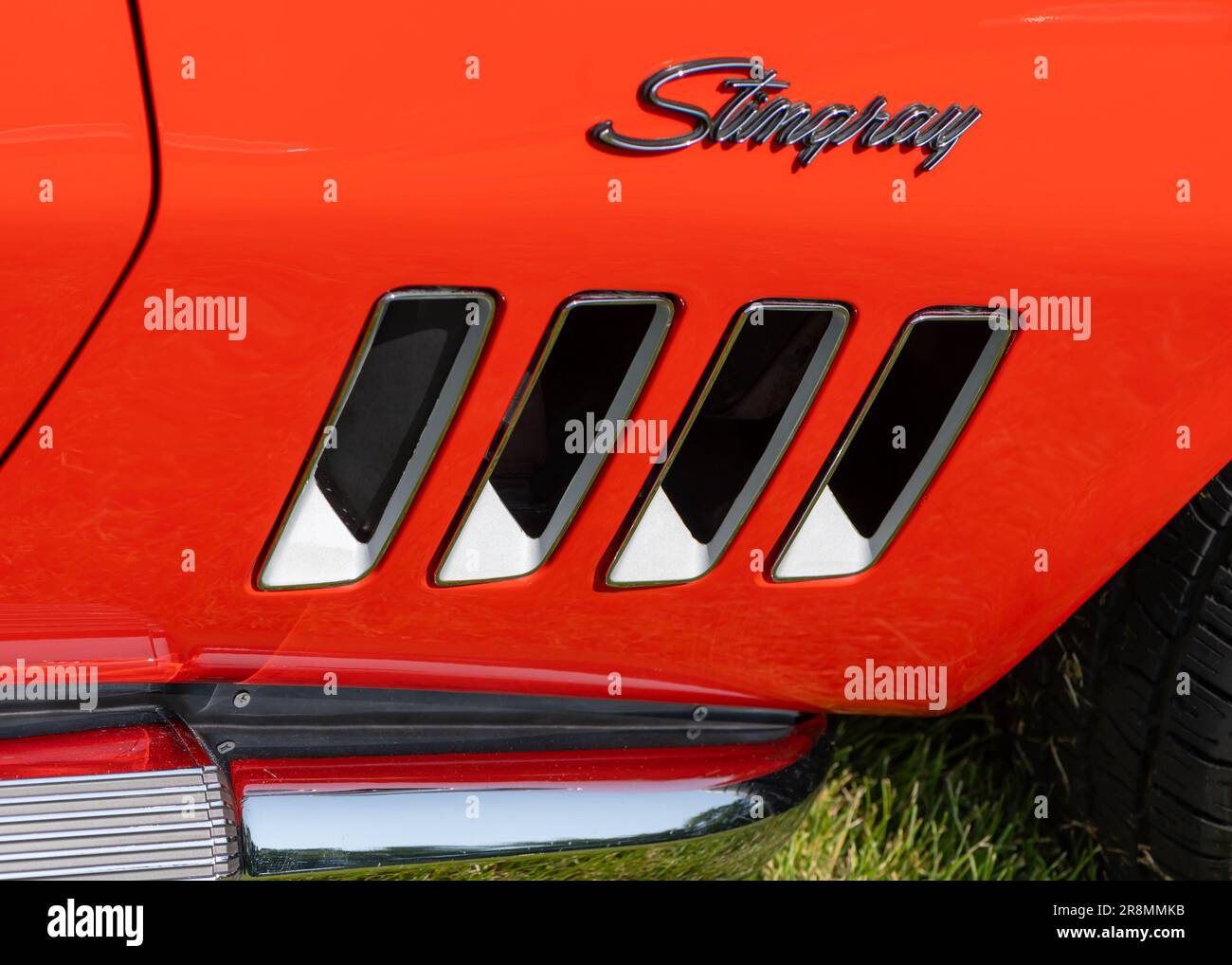 GROSSE POINTE SHORES, MI/USA - JUNE 18, 2023: Close-up of a 1969 ...