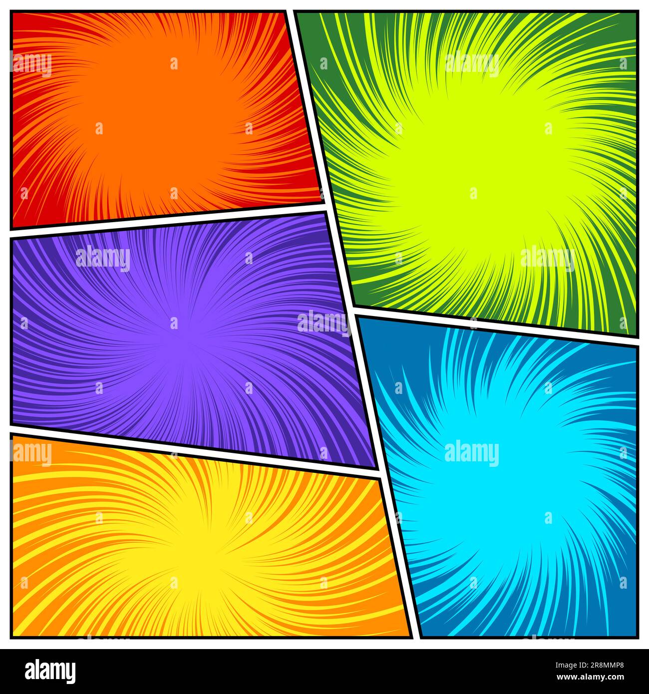 Colorful twisted comic book radial rays, lines. Comics background with ...