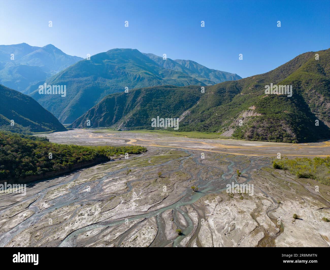 Aerial view of the remote Rio Sacambaya landscape with a huge riverbed ...