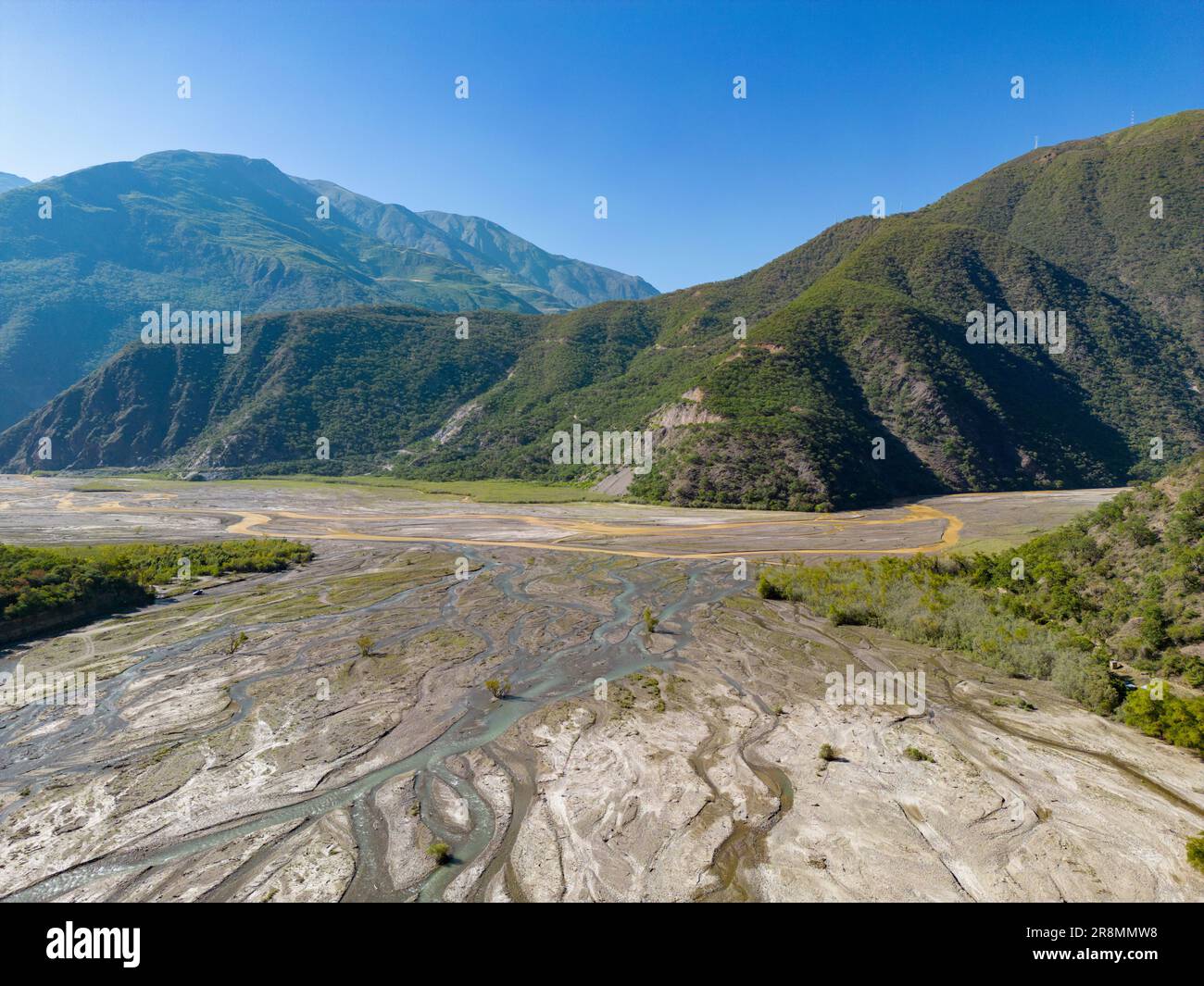 Aerial view of the remote Rio Sacambaya landscape with a huge riverbed ...