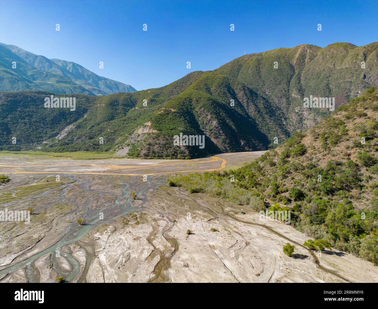 Aerial view of the remote Rio Sacambaya landscape with a huge riverbed ...