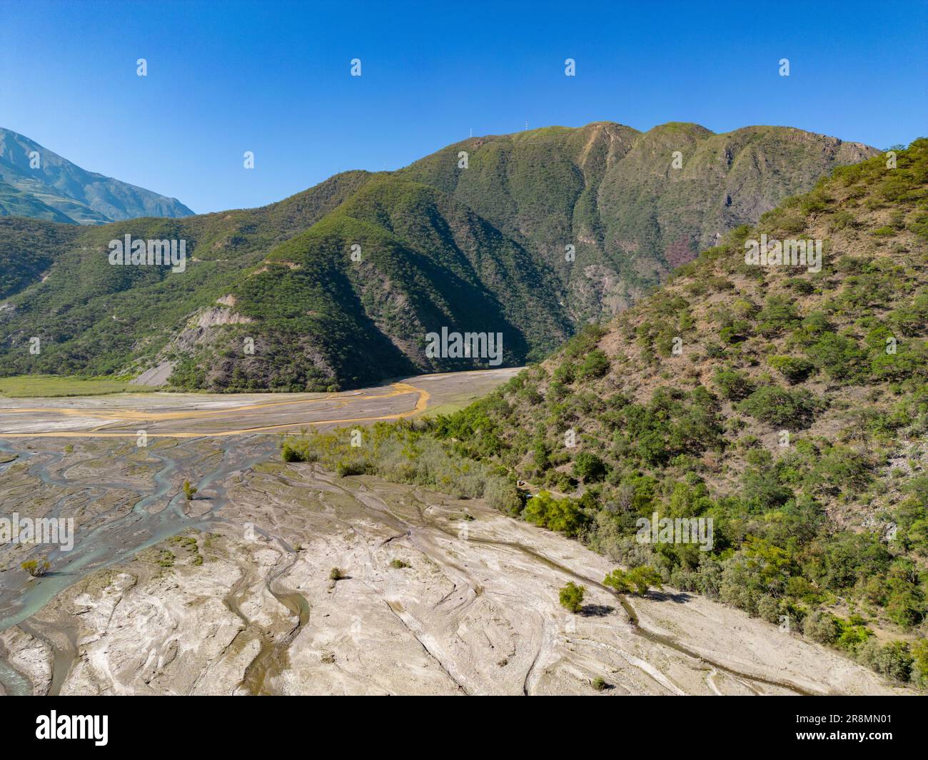 Aerial view of the remote Rio Sacambaya landscape with a huge riverbed ...
