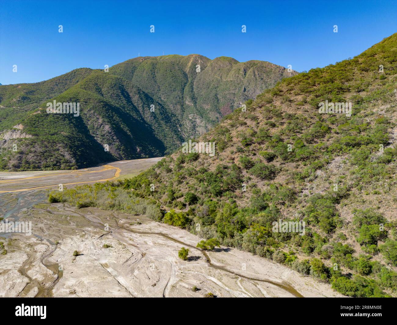 Aerial view of the remote Rio Sacambaya landscape with a huge riverbed ...