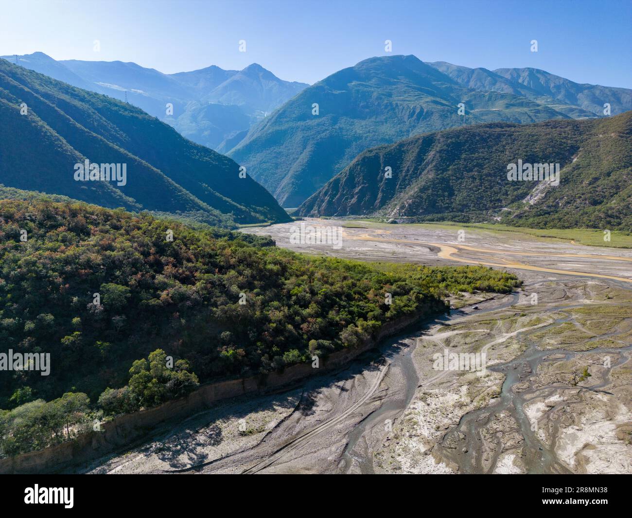 Aerial view of the remote Rio Sacambaya landscape with a huge riverbed ...