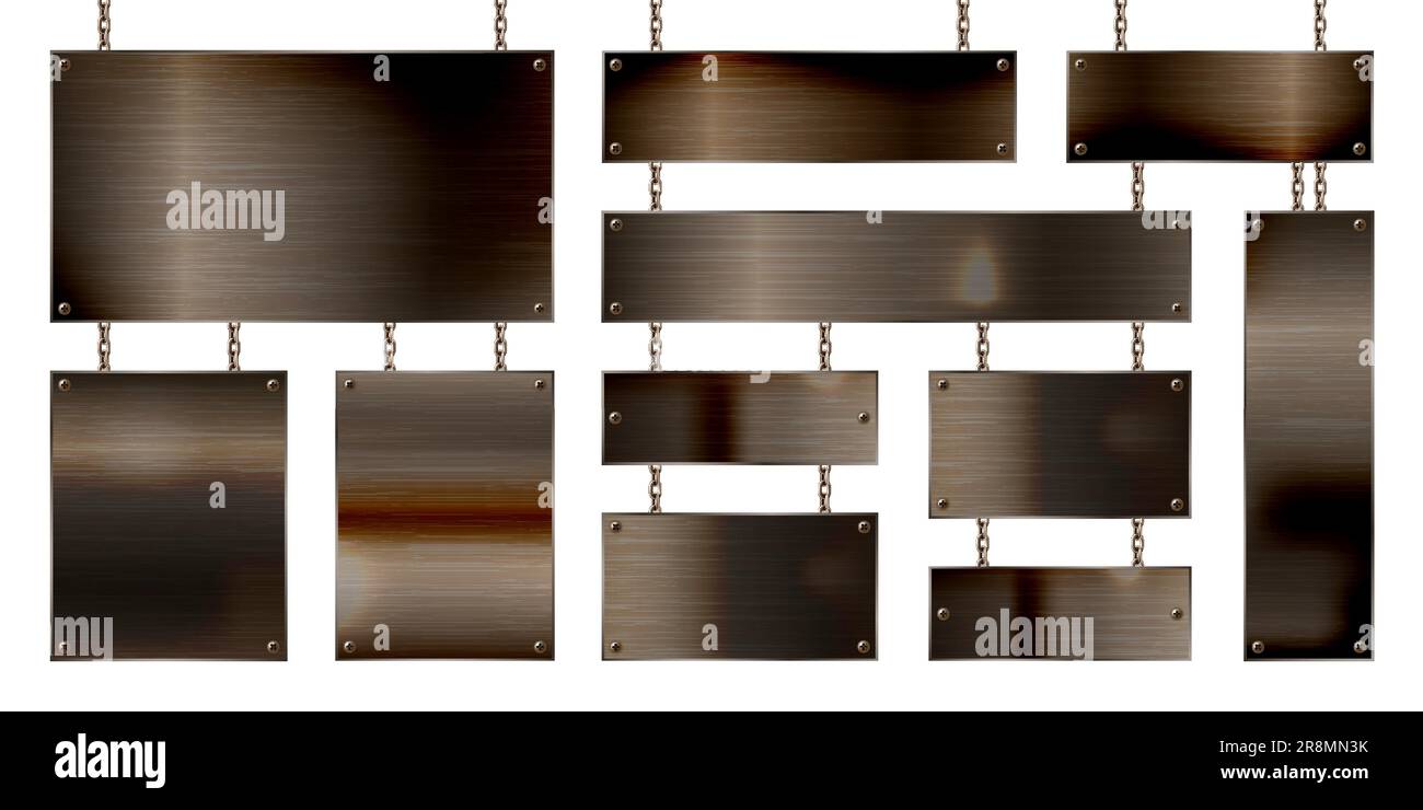Metal banners hanging on a chain. Realistic shiny steel plate with ...