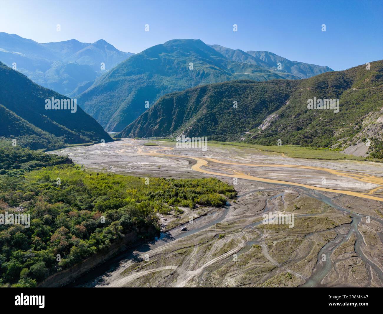Aerial view of the remote Rio Sacambaya landscape with a huge riverbed ...
