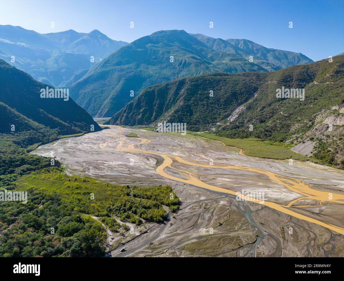 Aerial view of the remote Rio Sacambaya landscape with a huge riverbed ...