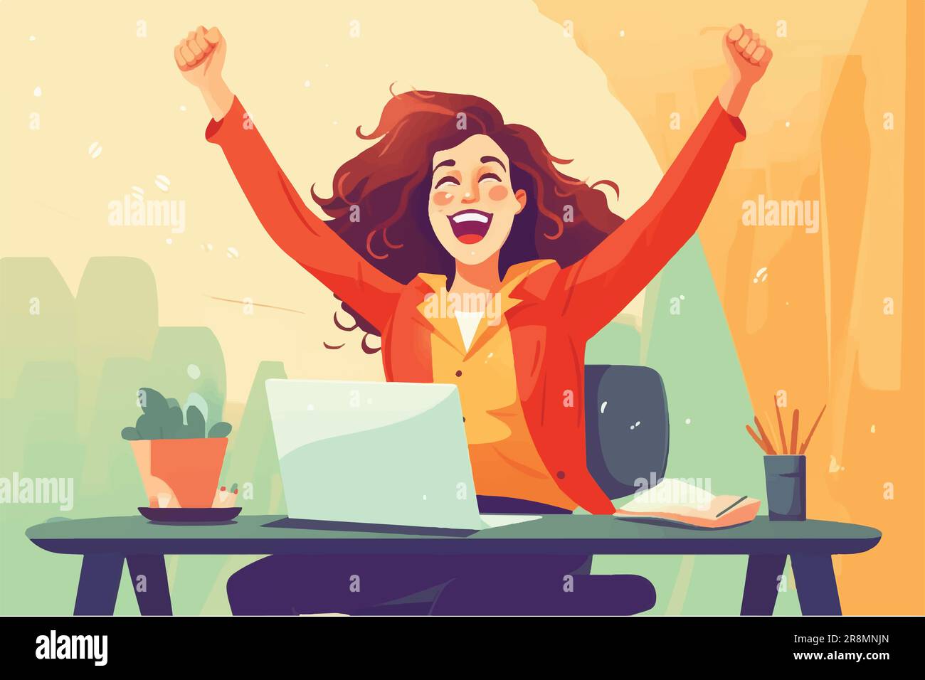 cartoon vector illustration of Triumph at Sunset, Businessman ...