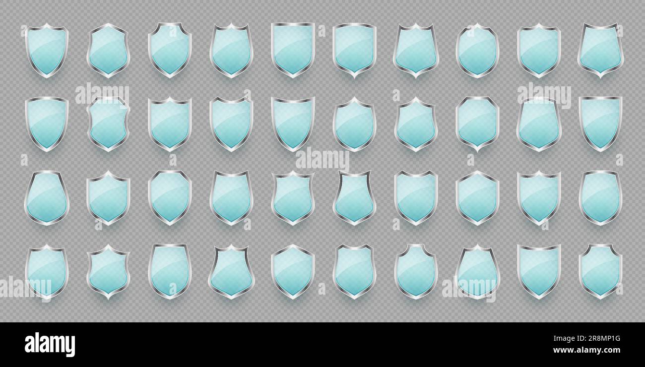 Set of vintage glass 3d shield icons. Blue heraldic shields. Black ...