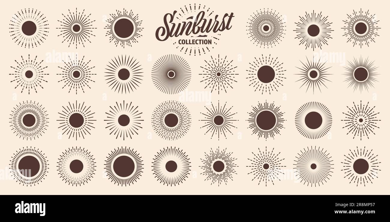Vintage sunburst, sunset beams collection. Hand drawn bursting sun ...