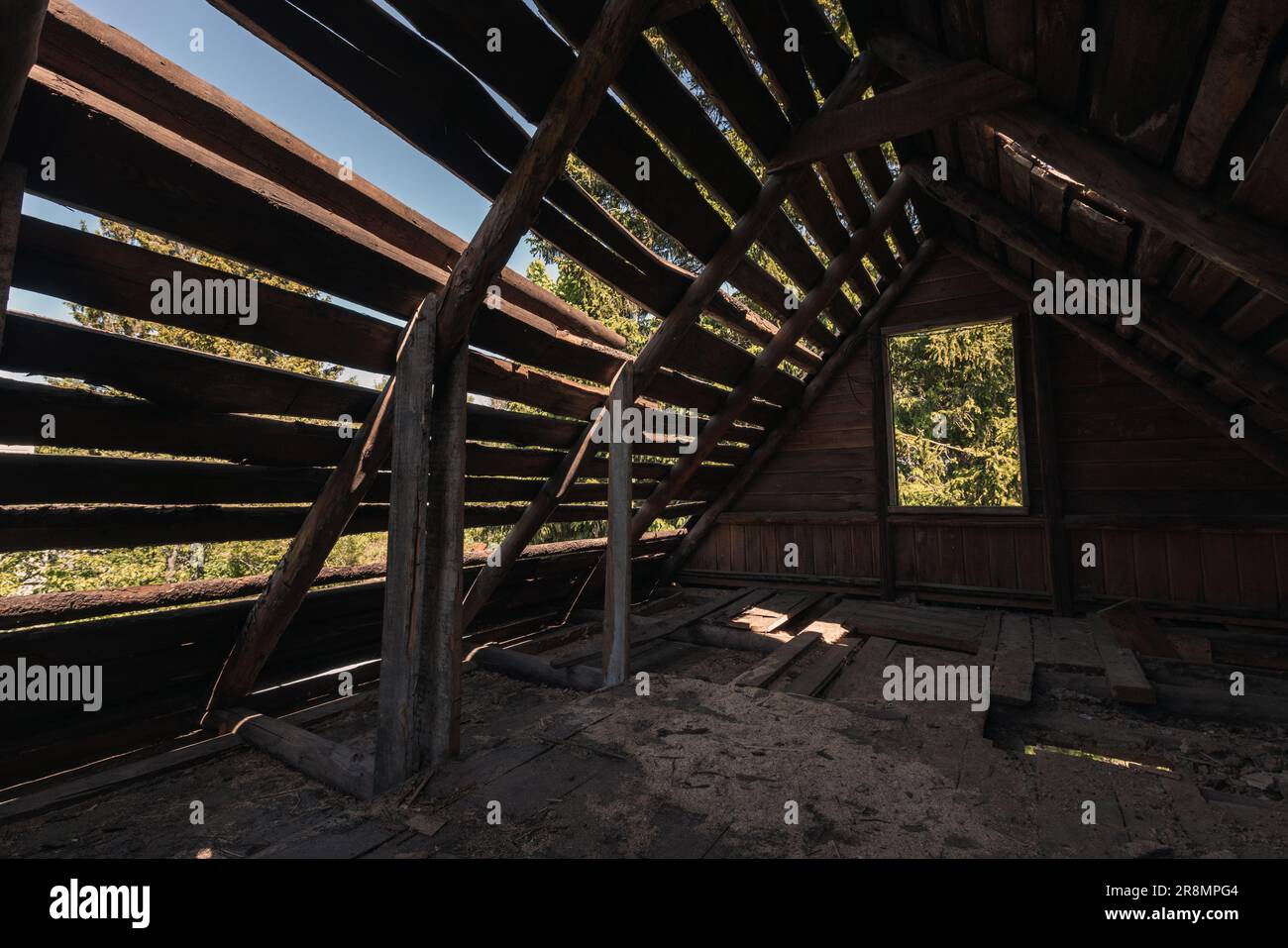 Abstract grunge wooden interior, perspective view of an abandoned attic ...