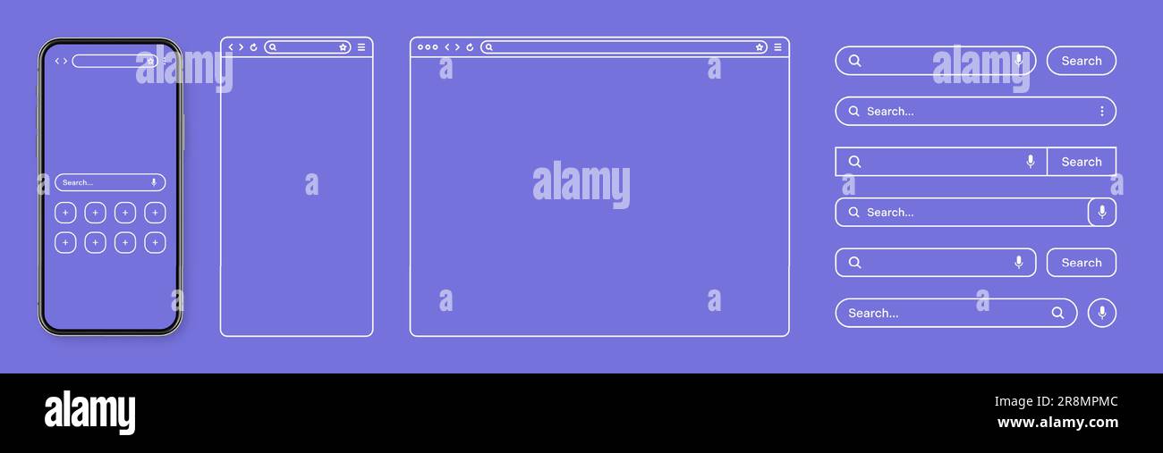 Smartphone, web browser, internet page window with toolbar and search ...