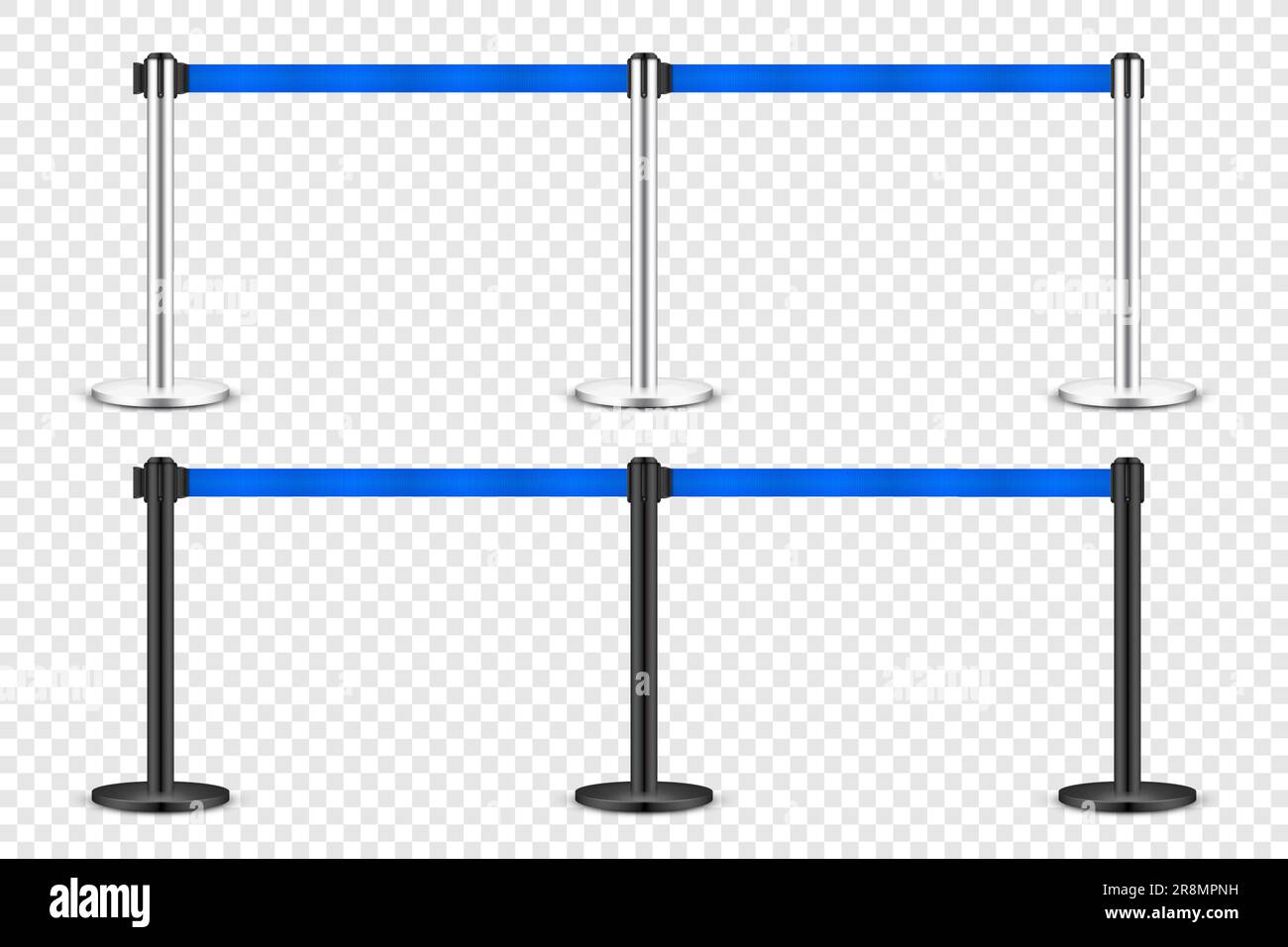 Realistic blue retractable belt stanchion. Crowd control barrier posts ...