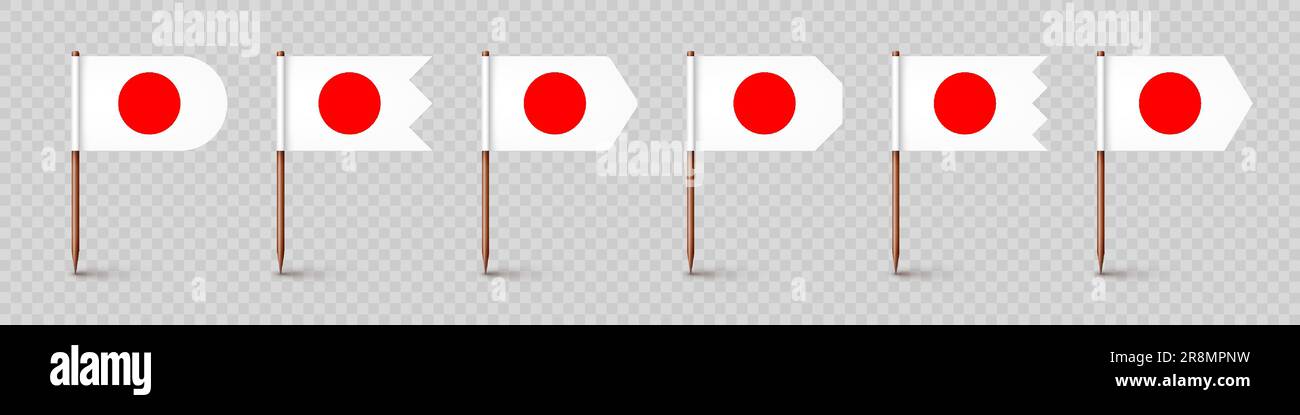 Realistic various Japanese toothpick flags. Souvenir from Japan. Wooden ...