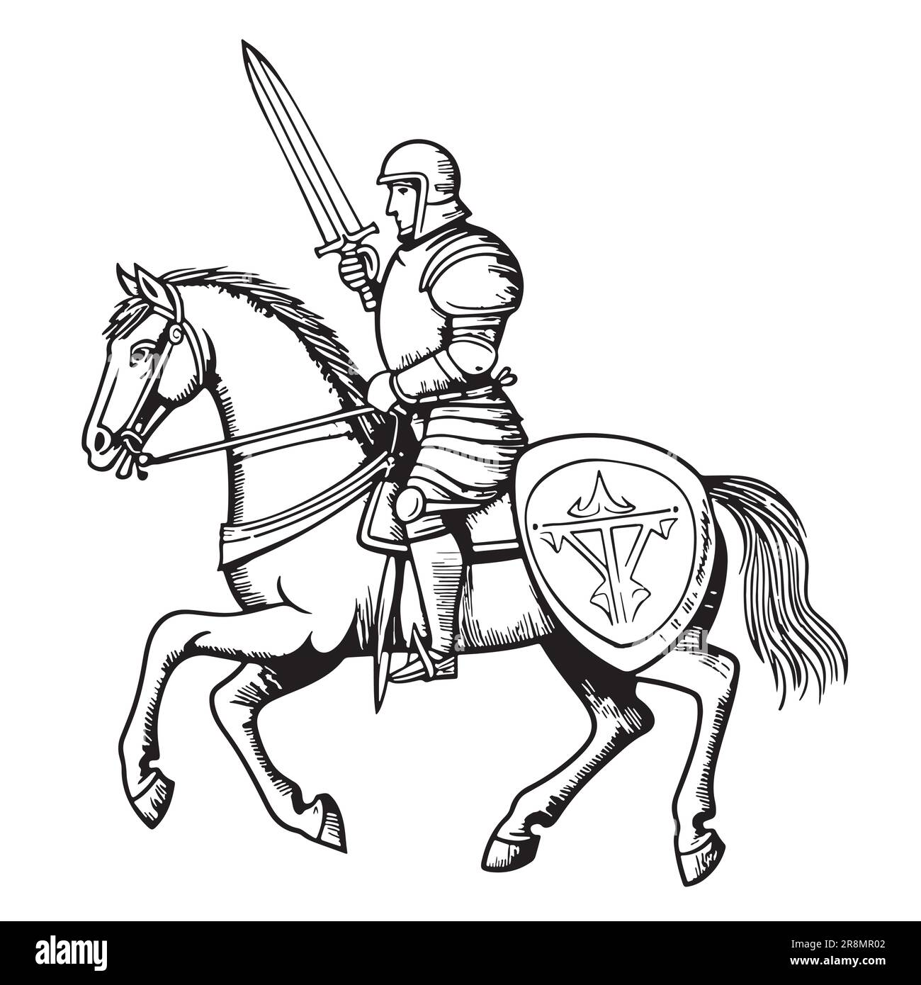 Knight with sword on horseback hand drawn sketch Vector illustration ...