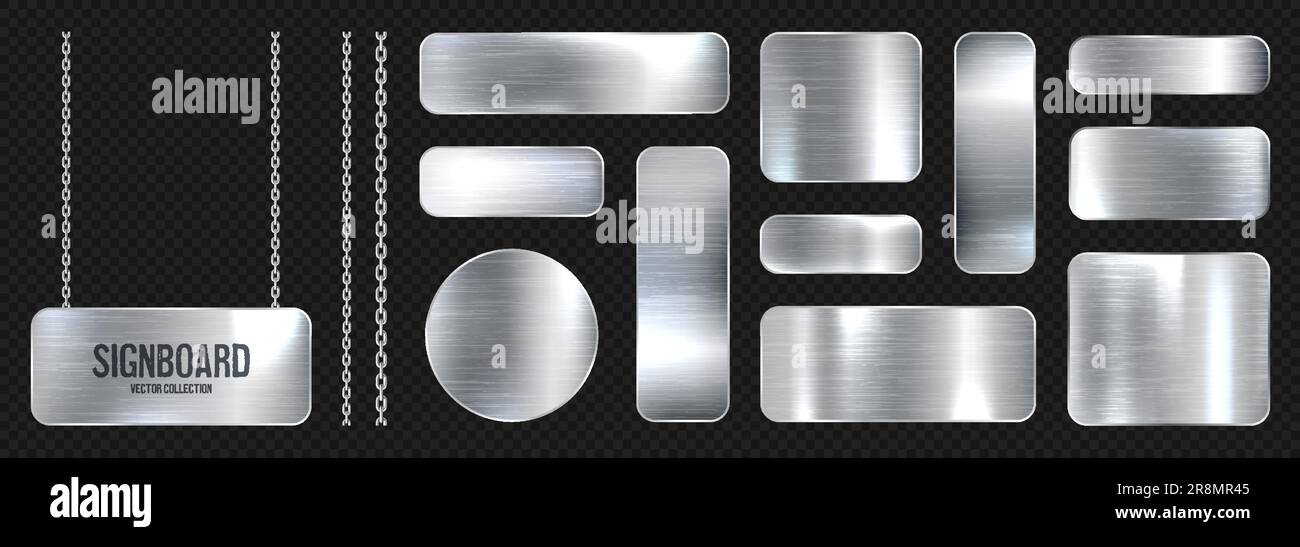 Metal banners hanging on a chain. Realistic shiny steel plate with ...