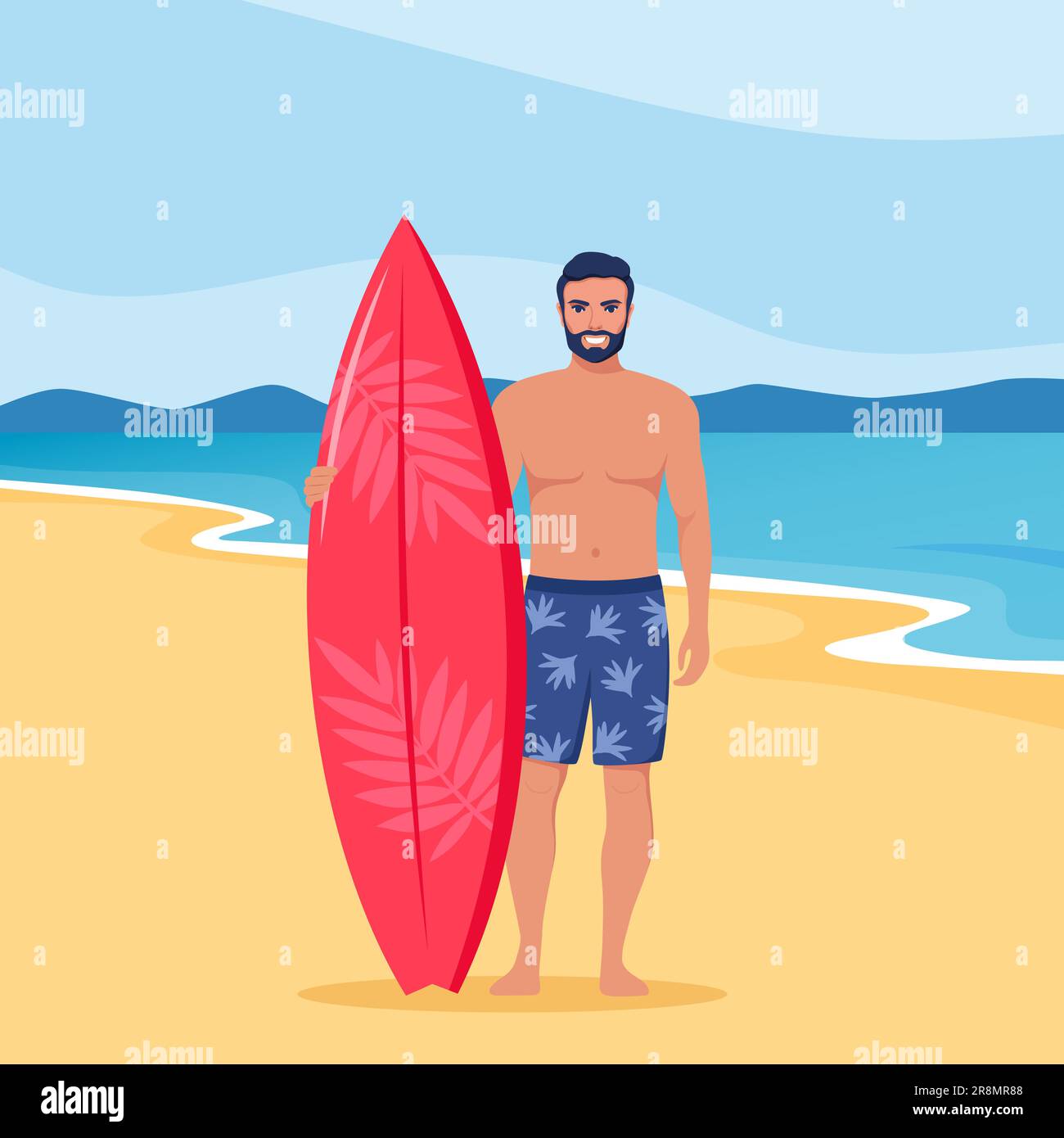 Young man surfer with surfboard standing on the beach. Smiling surfer ...