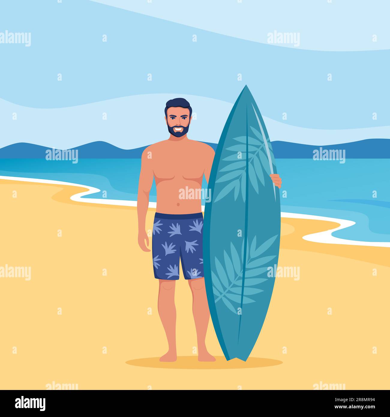 Young man surfer with surfboard standing on the beach. Smiling surfer ...