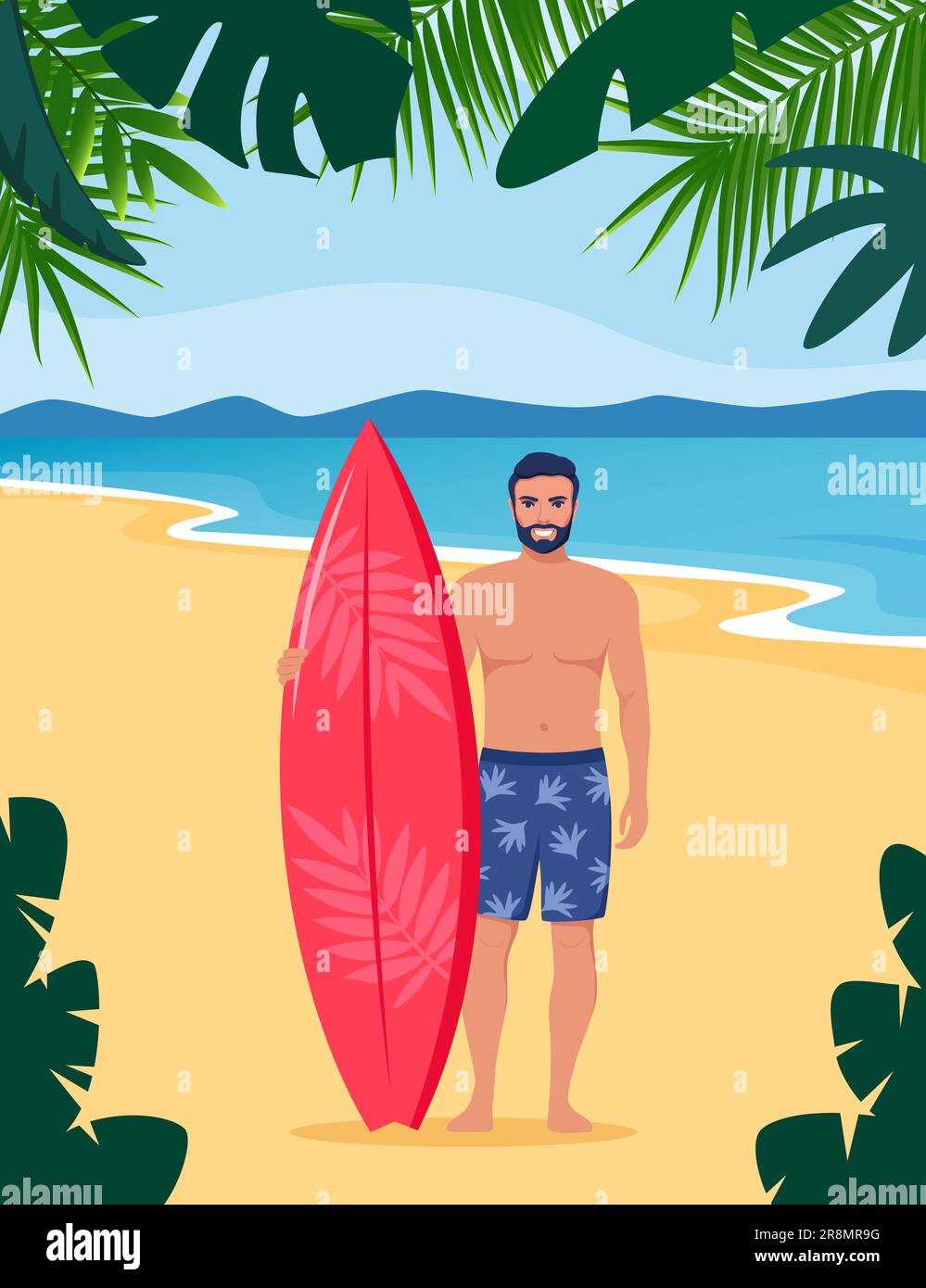 Young man surfer with surfboard standing on the beach. Smiling surfer ...