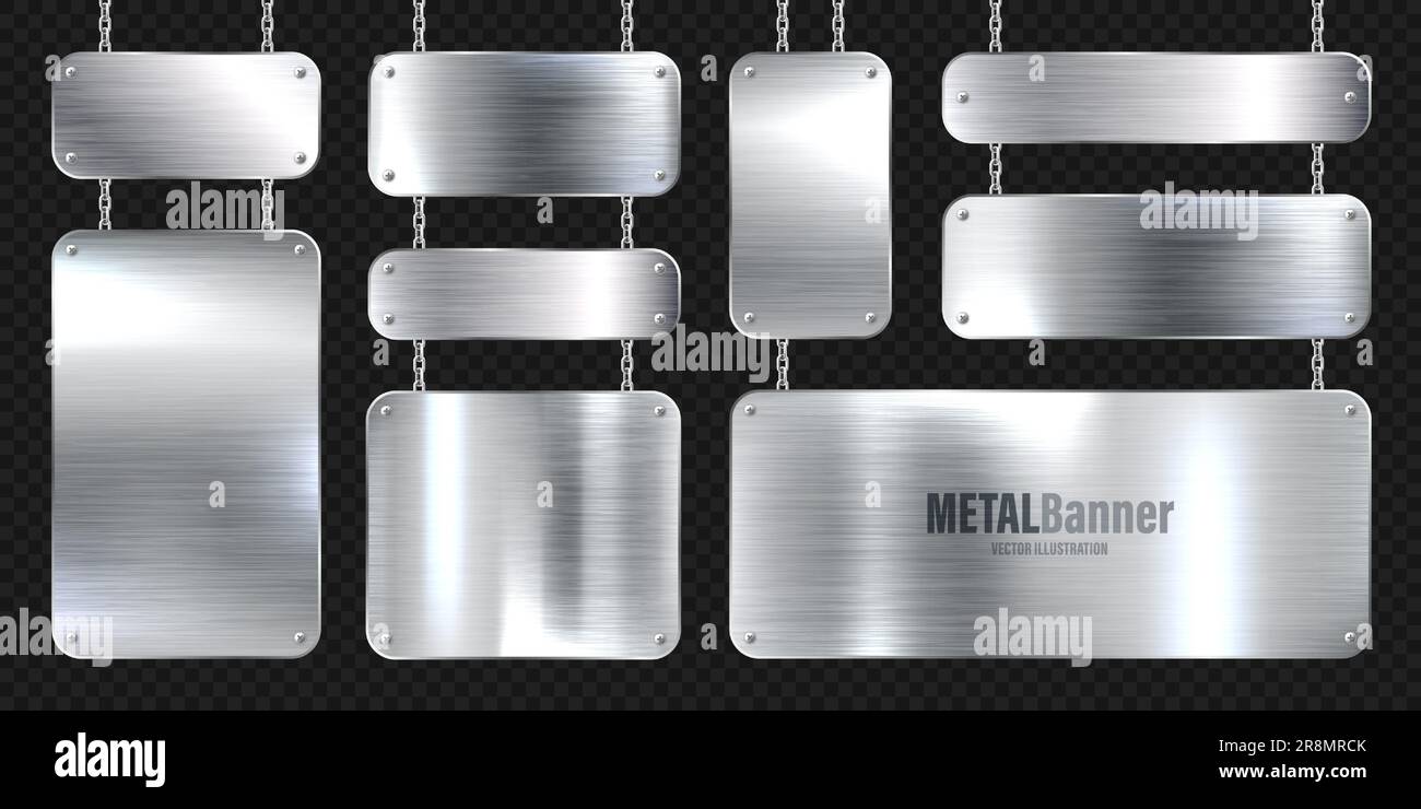 Metal banners hanging on a chain. Realistic shiny steel plate with ...