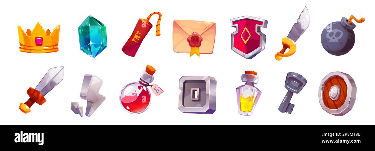 Cartoon set of pirate adventure game props isolated on white background ...