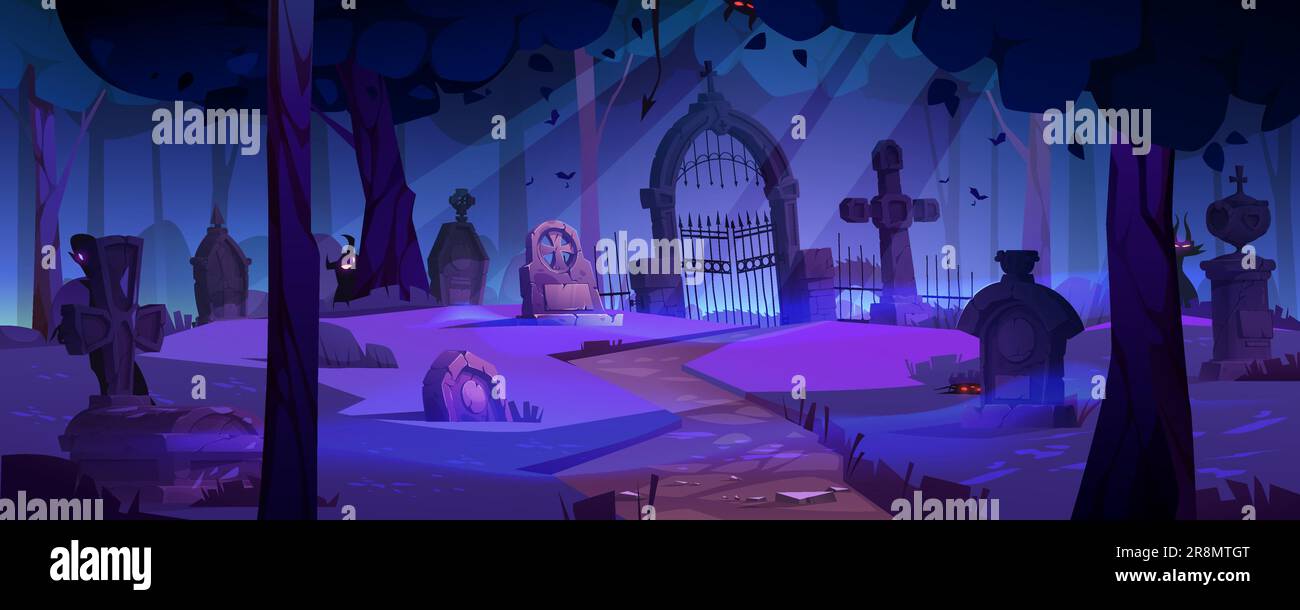 Night spooky halloween graveyard cartoon vector background. Scary ...