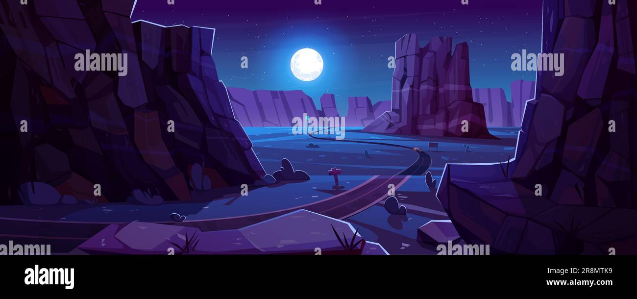 Cartoon Highway Running Through Night Canyon Vector Illustration Of