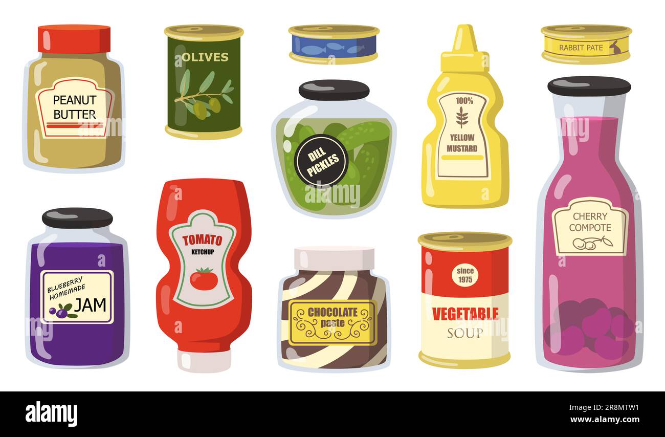 Various canned goods from supermarket flat icon set Stock Vector Image ...