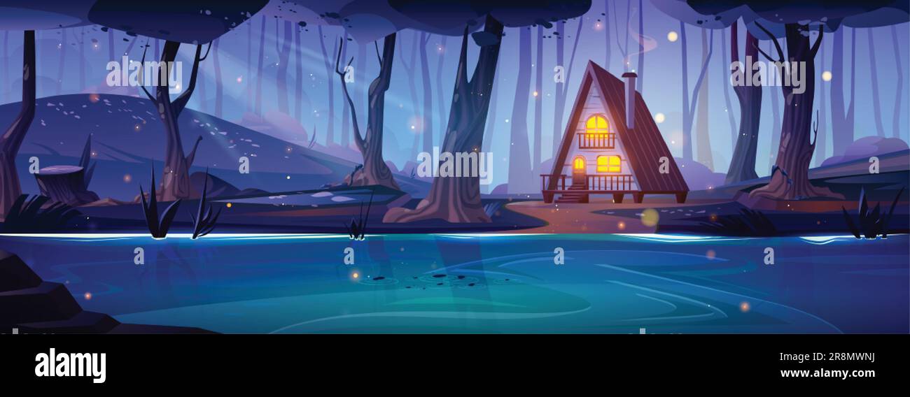 Night forest with lake, house and fireflies. Fantasy summer landscape ...