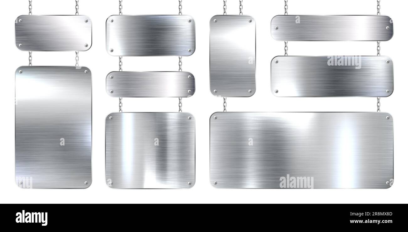 Metal banners hanging on a chain. Realistic shiny steel plate with ...