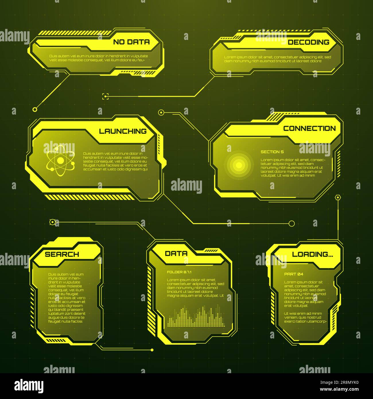 Yellow futuristic HUD, UI elements. Sci-fi user interface text boxes ...
