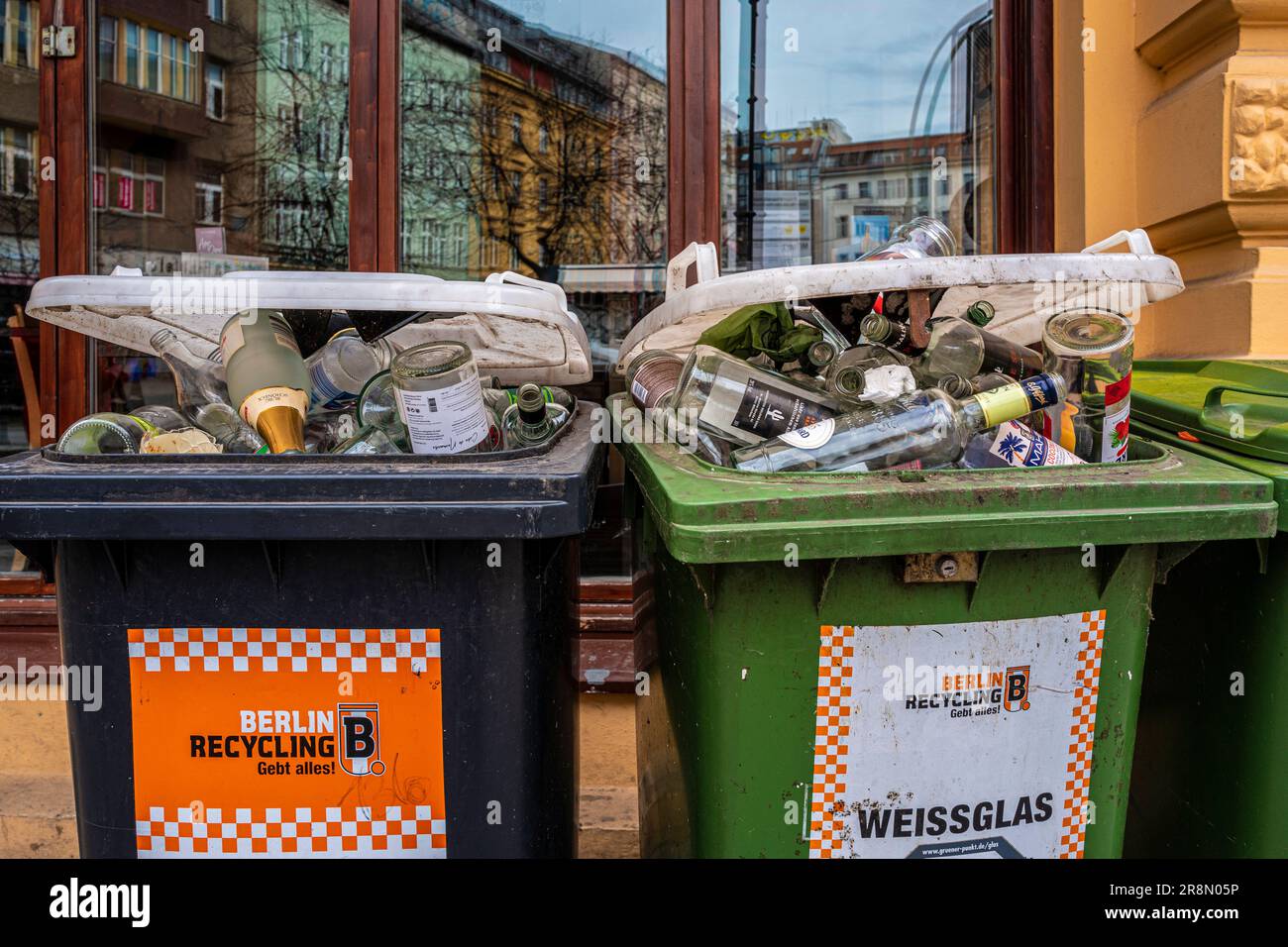 Waste Garbage Cans Overfilled With Glass Bottles, Berlin Mitte, Germany ...