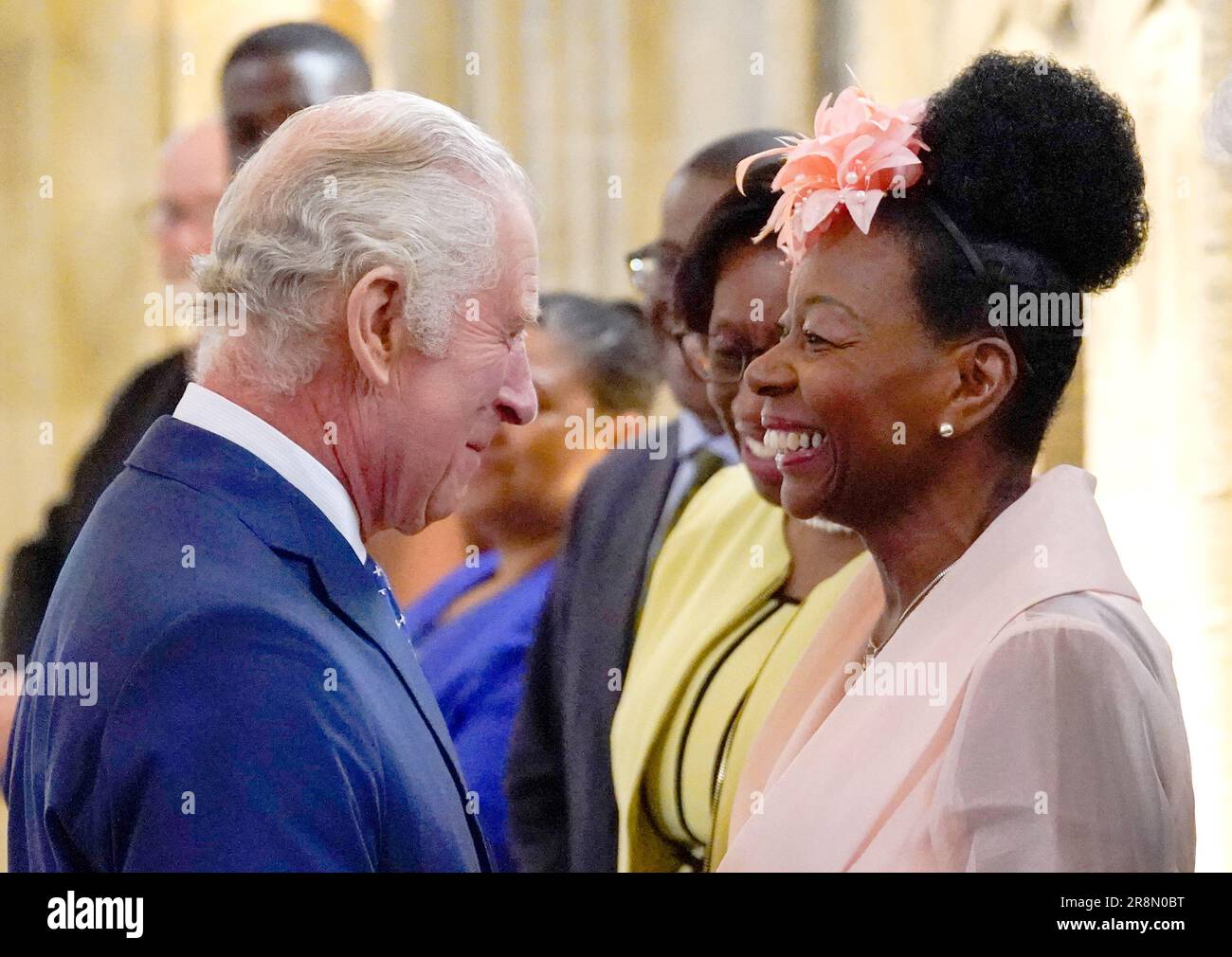King Charles III speaks with Baroness Dame Floella Benjamin, following ...