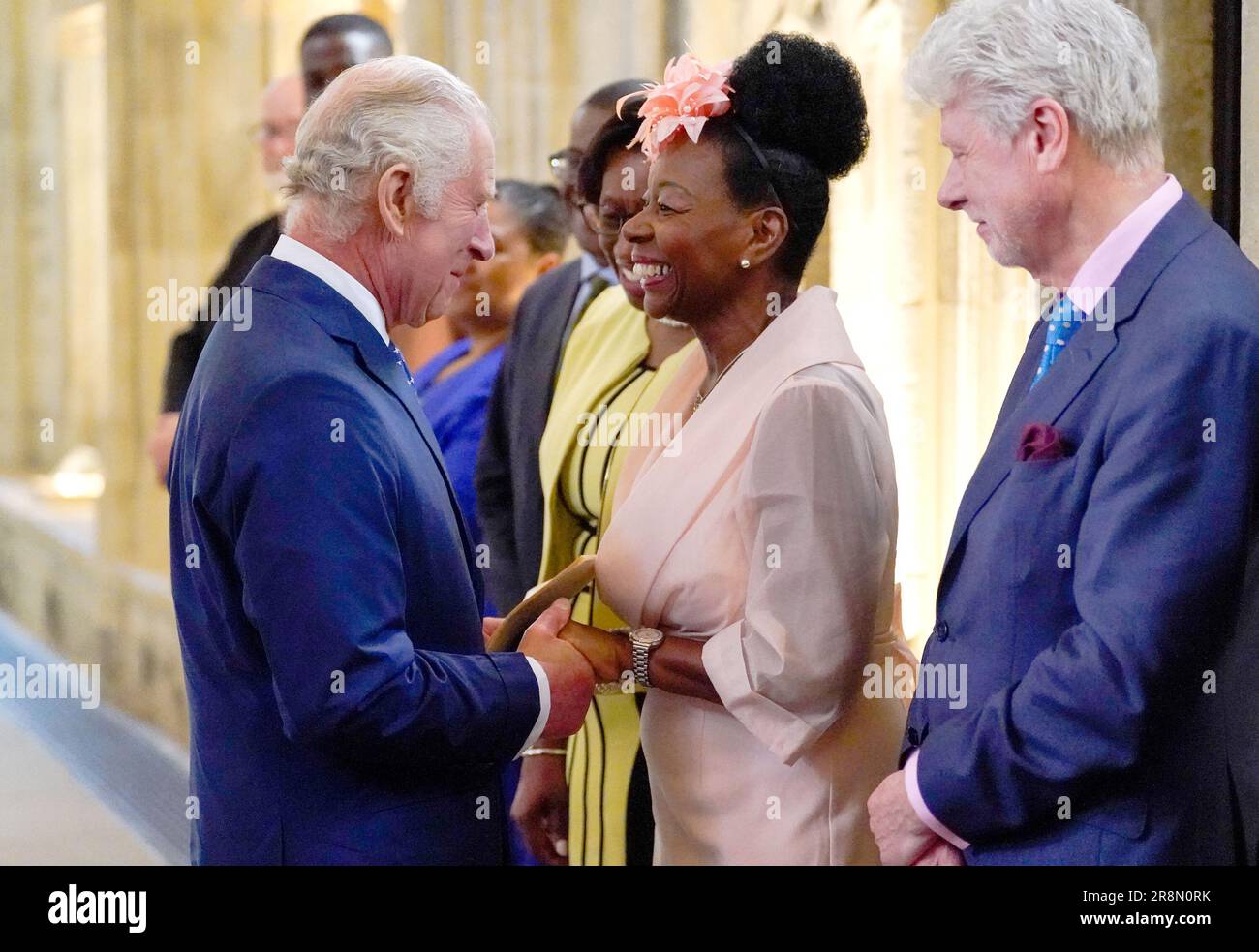 King Charles III speaks with Baroness Dame Floella Benjamin, following ...