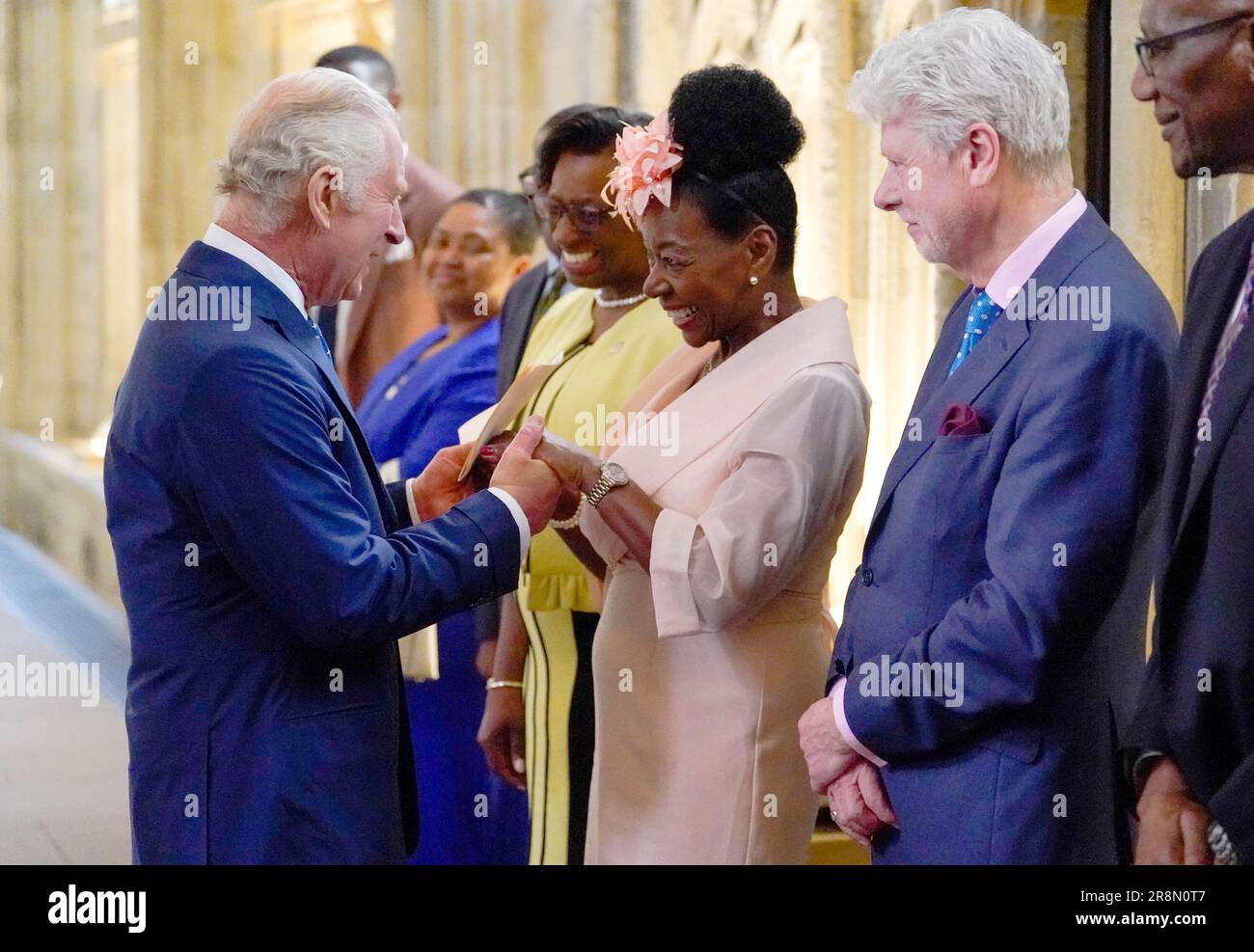 King Charles III speaks with Baroness Dame Floella Benjamin, following ...