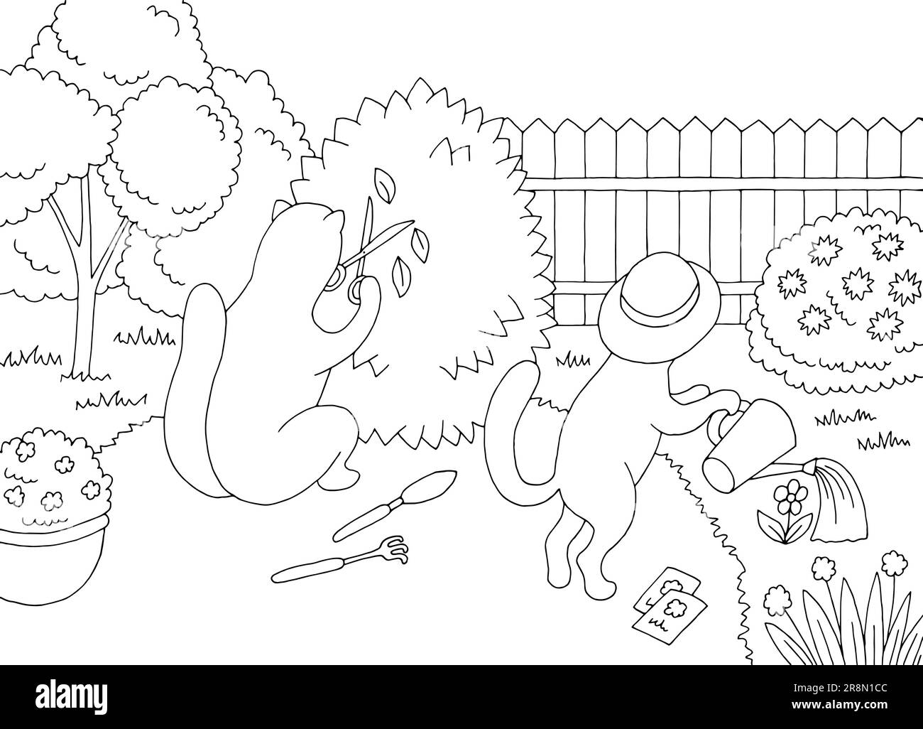 Cats work in the garden graphic black white landscape sketch ...