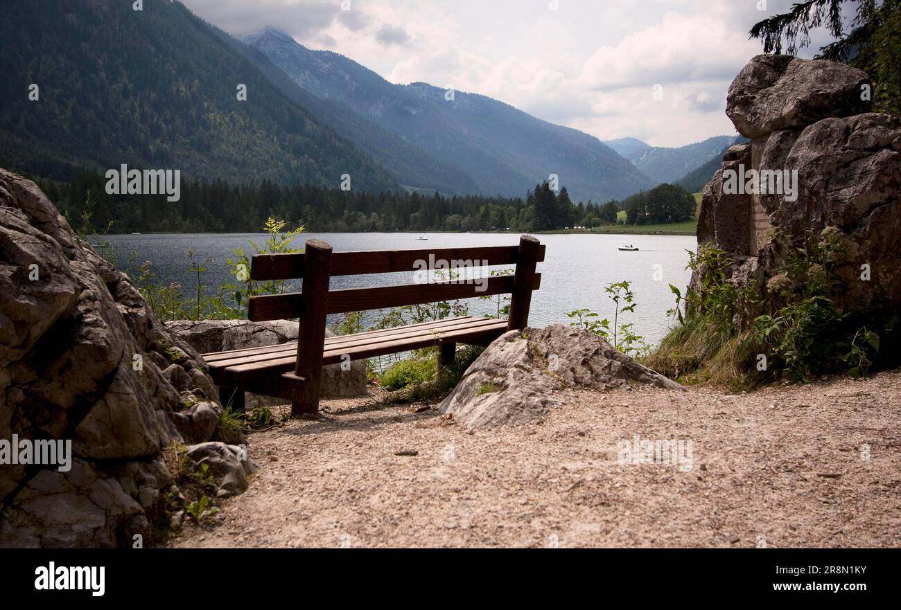 Benches in the Bavarian Alps, at Hintersee lake Stock Photo - Alamy